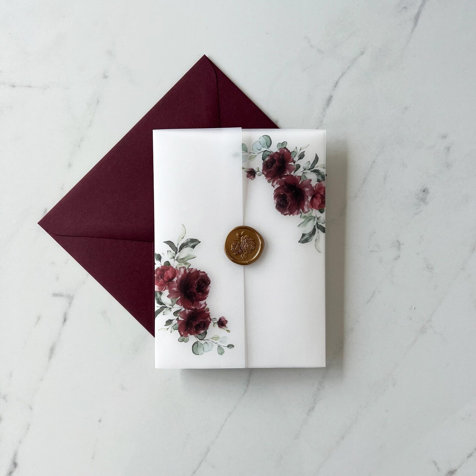 Burgundy Floral Vellum Jacket Red Floral Vellum Invitation Wrap 5x7 ...