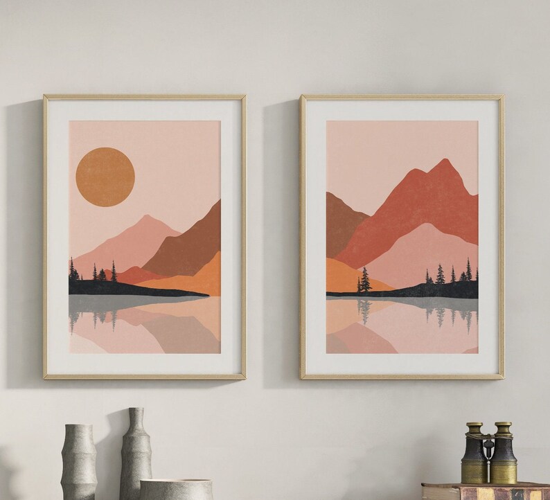 Mid Century Modern Sun Art Set of 2 Wall Art Abstract Sun - Etsy