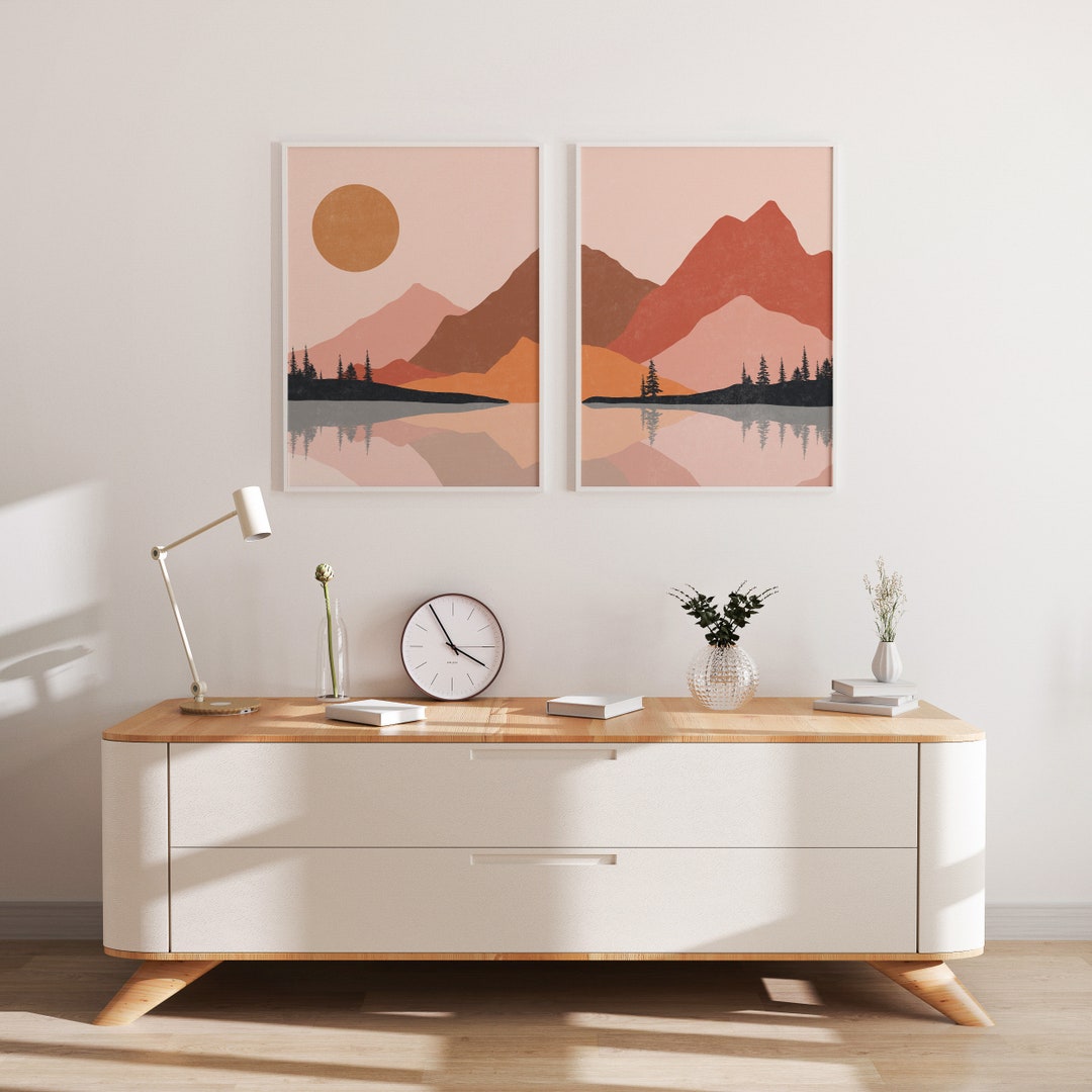 Mid Century Modern Sun Art Set of 2 Wall Art, Abstract Sun Wall Art ...