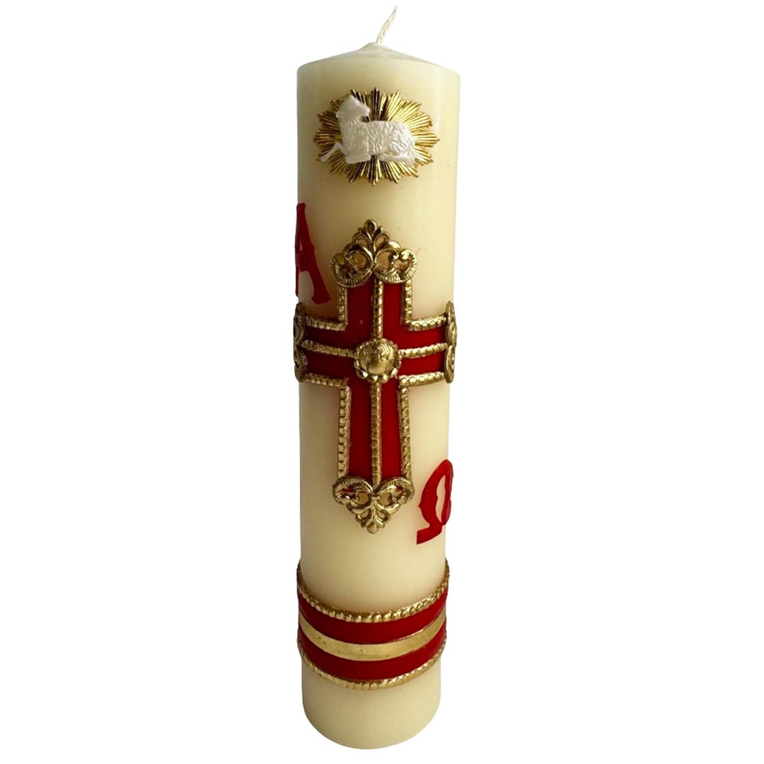 Easter Lent Paschal Candle 8"x2" Wax Red/gold Cross Alpha &omega Decor ...