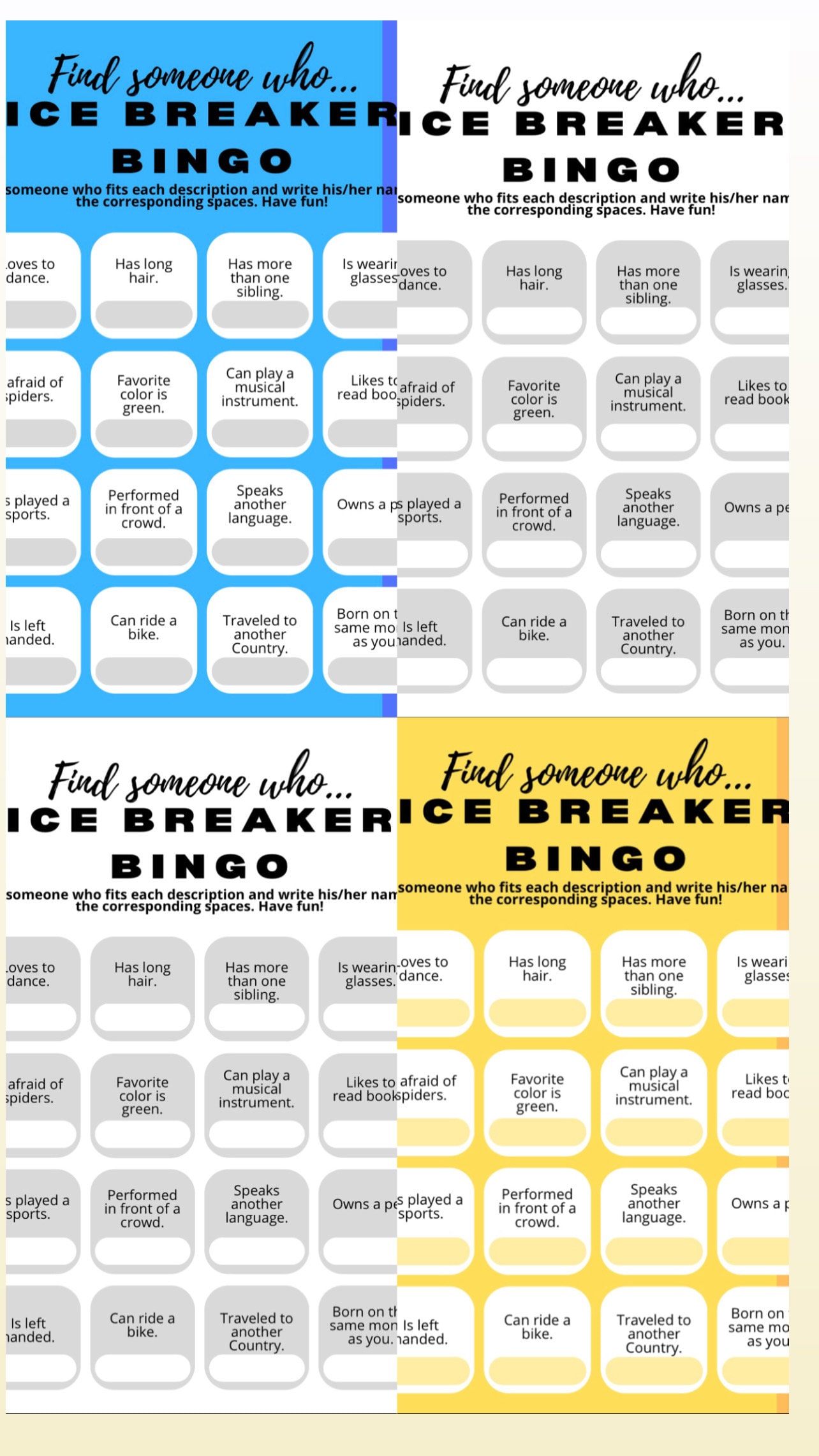 Printable Bingo Ice Breaker (3 Printable Colors), Back to School ...