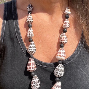 Authentic Hawaiian Hebrew Cone Shell Lei & Lava Bead Necklace Seashell ...