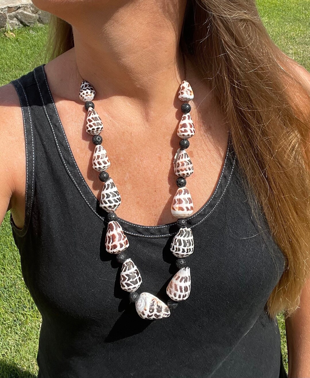 Authentic Hawaiian Hebrew Cone Shell Lei & Lava Bead Necklace Seashell ...