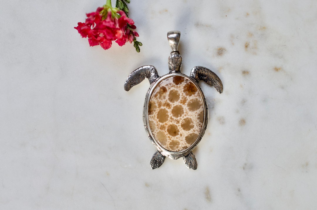 Bamboo Fossilized Coral Sterling Silver Turtle Necklace - Etsy