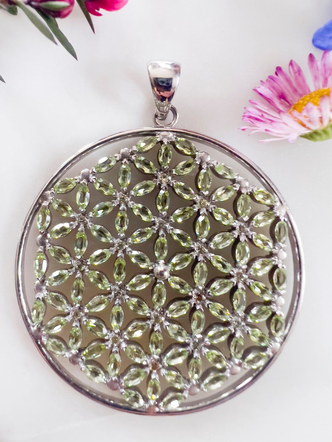 Green Peridot Flower of Life Marquis Silver Necklace - Etsy