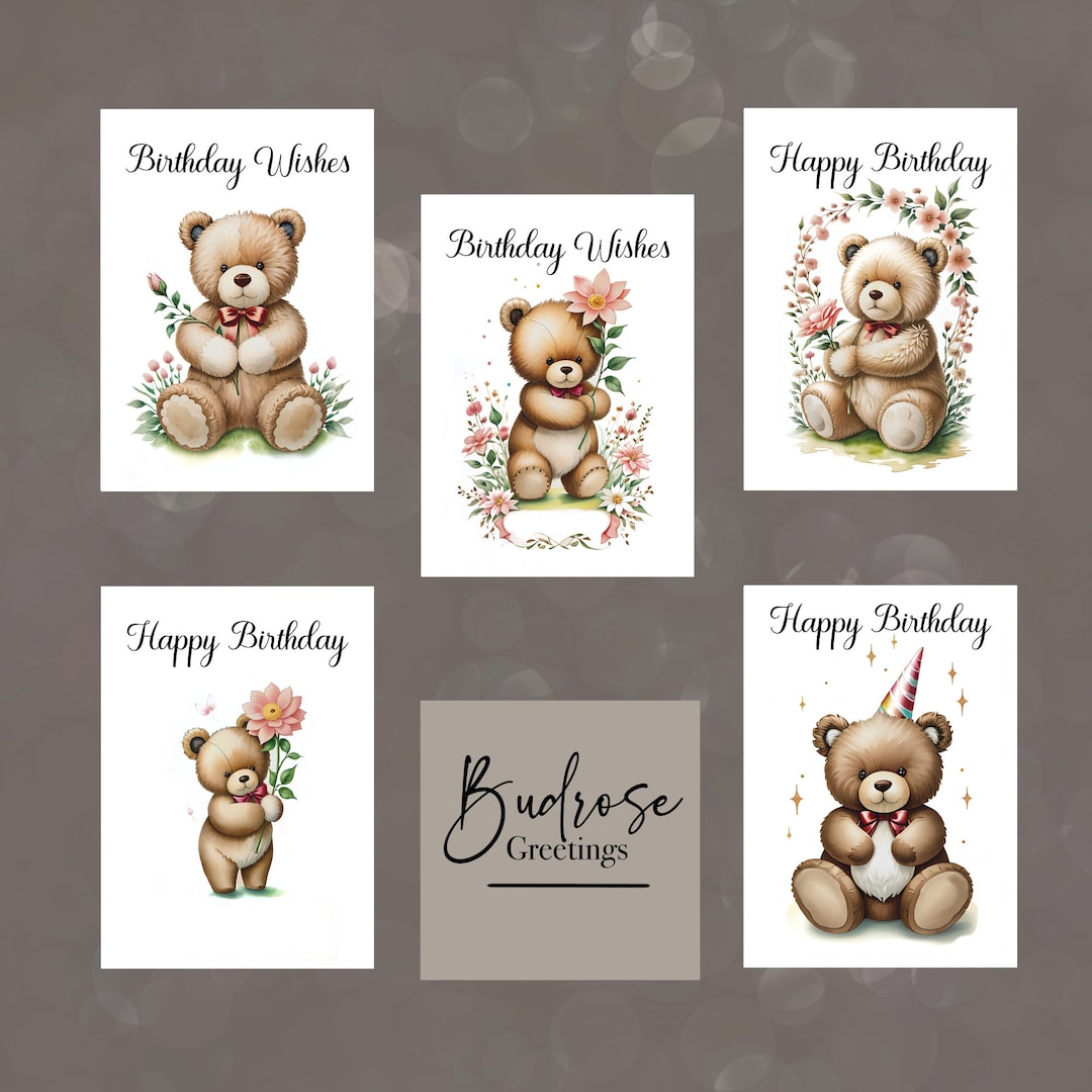 Teddy Bear Printable Birthday Card Bundle, Set of 5 ,instant Download ...