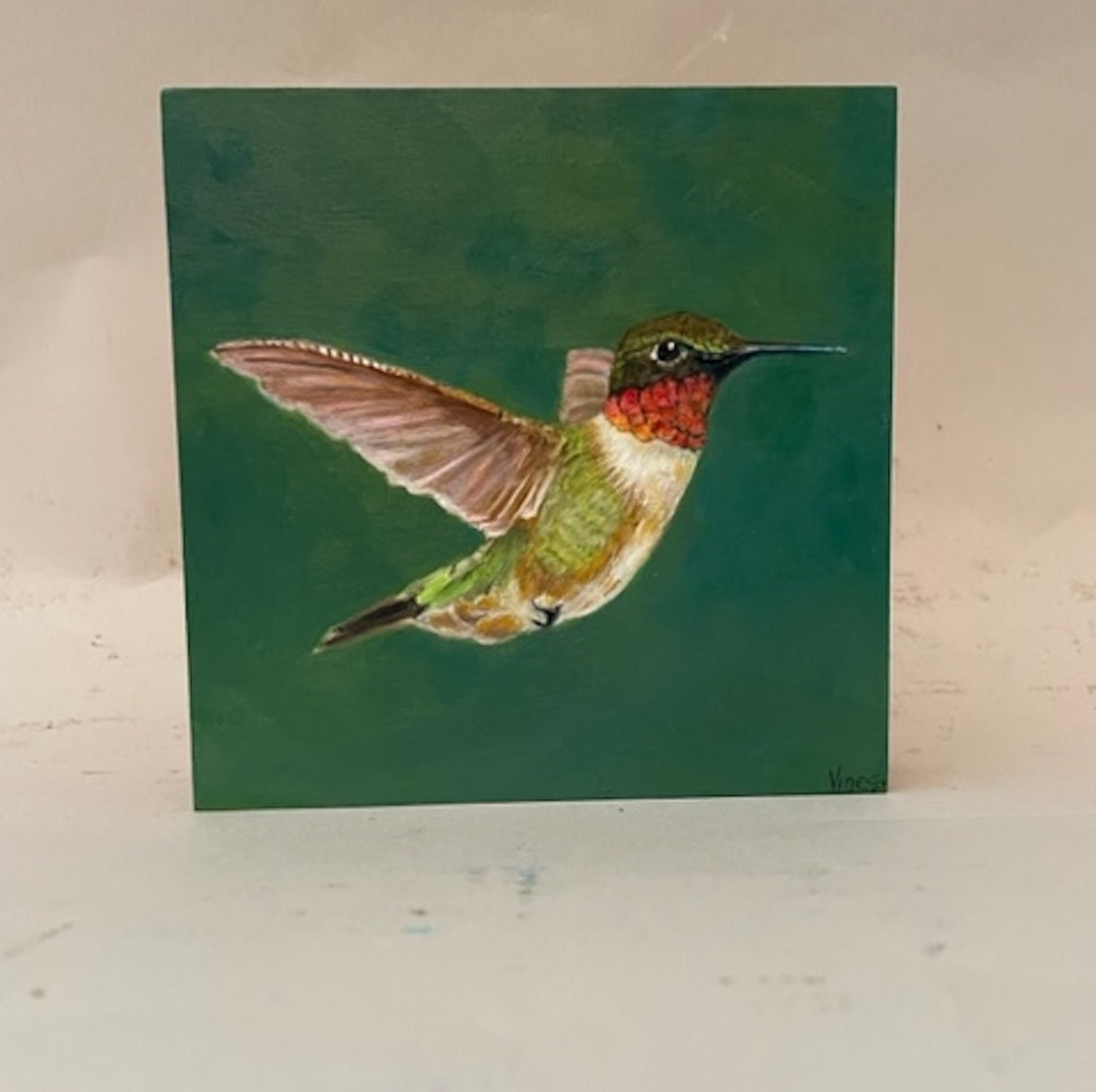 Beautiful Ruby-throated Hummingbird Painting, Oil on Smooth Birch Wood ...