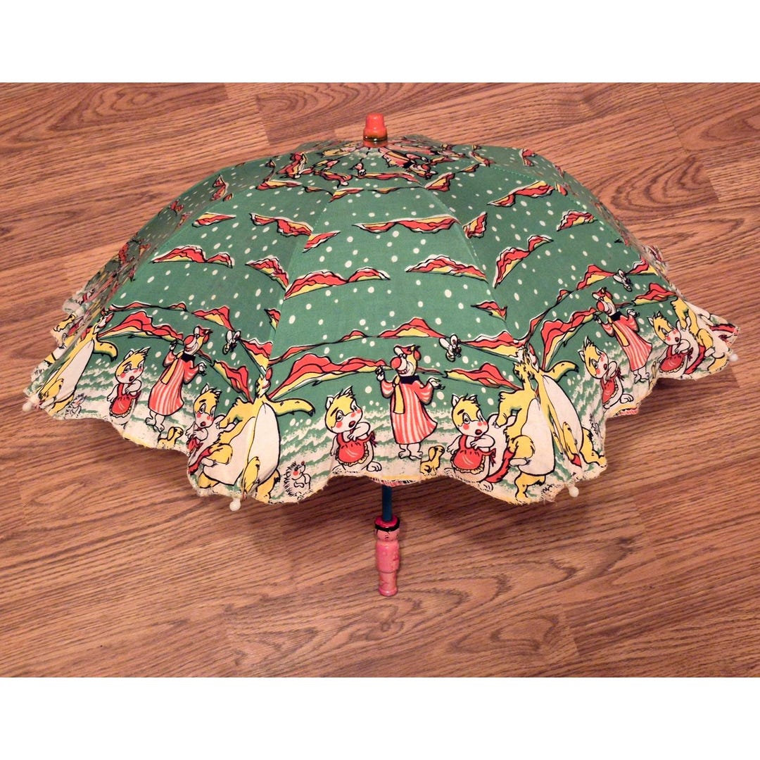 Vintage Child's Parasol Cloth Wooden Handle Cartoon Character Designs ...