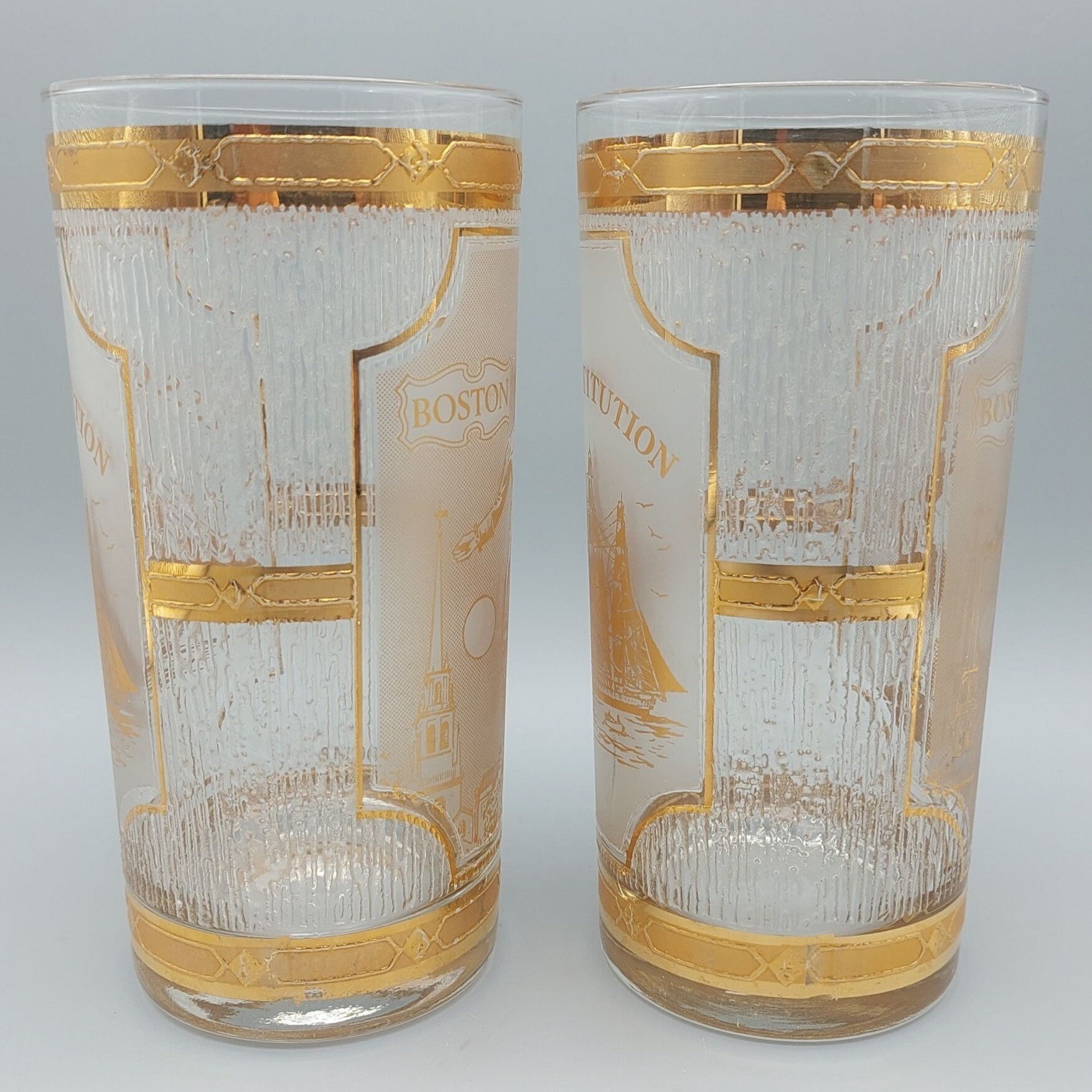 Culver 22k Gold Trim Frosted Glasses Set 2 Boston U.S.S. Constitution ...