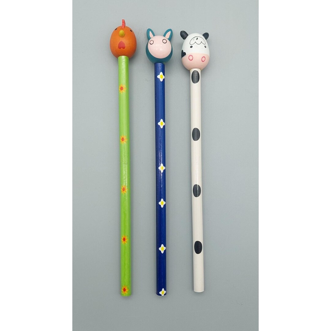 Lot of 3 Vintage Wooden Top Farm Animal Pencils Donkey, Cow, & Chicken ...