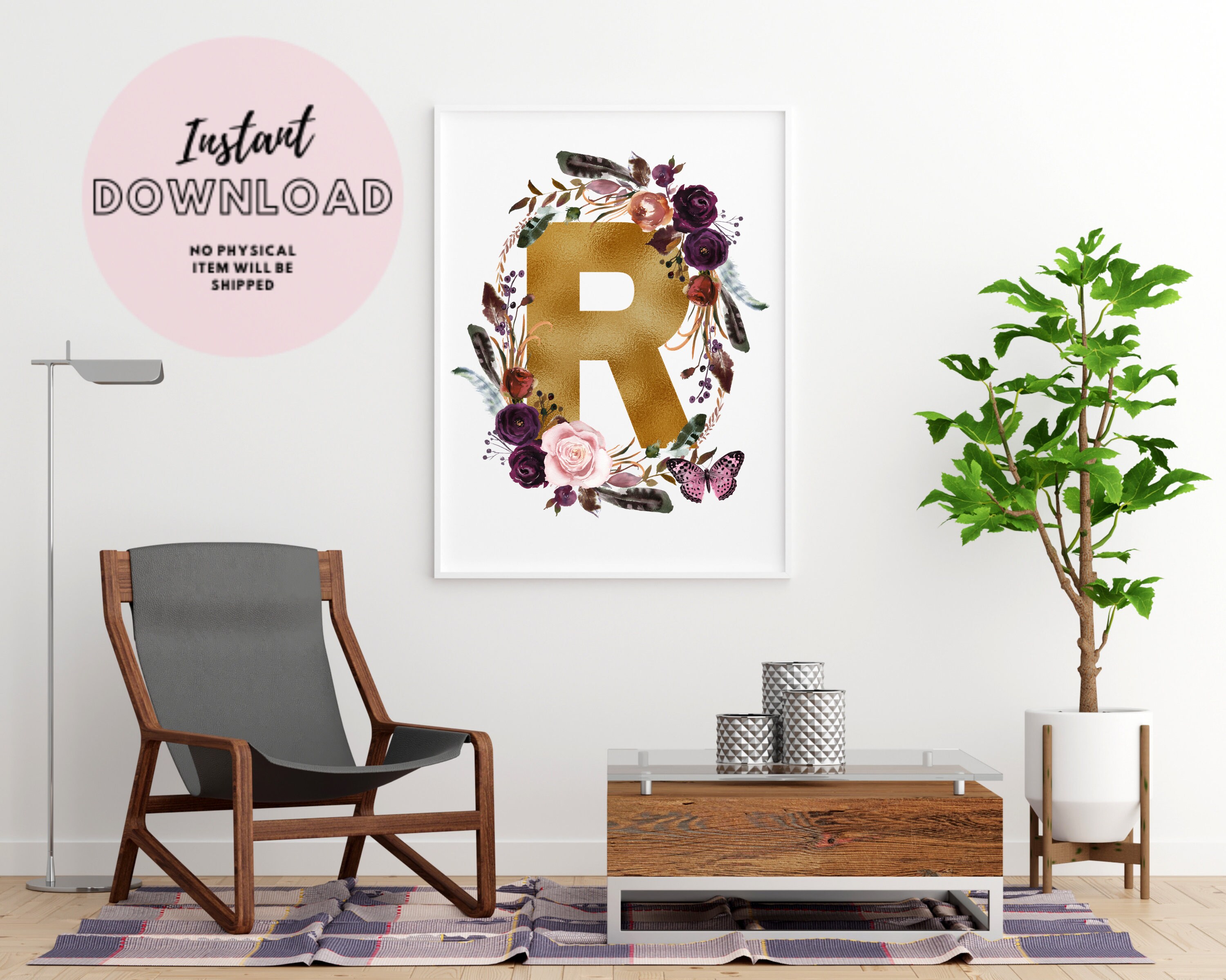 Initial Wall Art Flower Letter R Gold Nursery Print Sign Poster ...