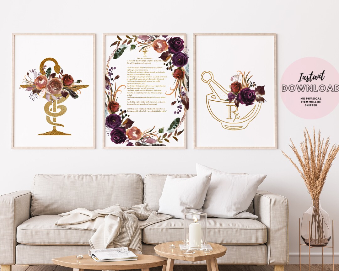 Pharmacy Store Decor Set of 3 Print Bowl of Hygeia Pharmacist OATH ...