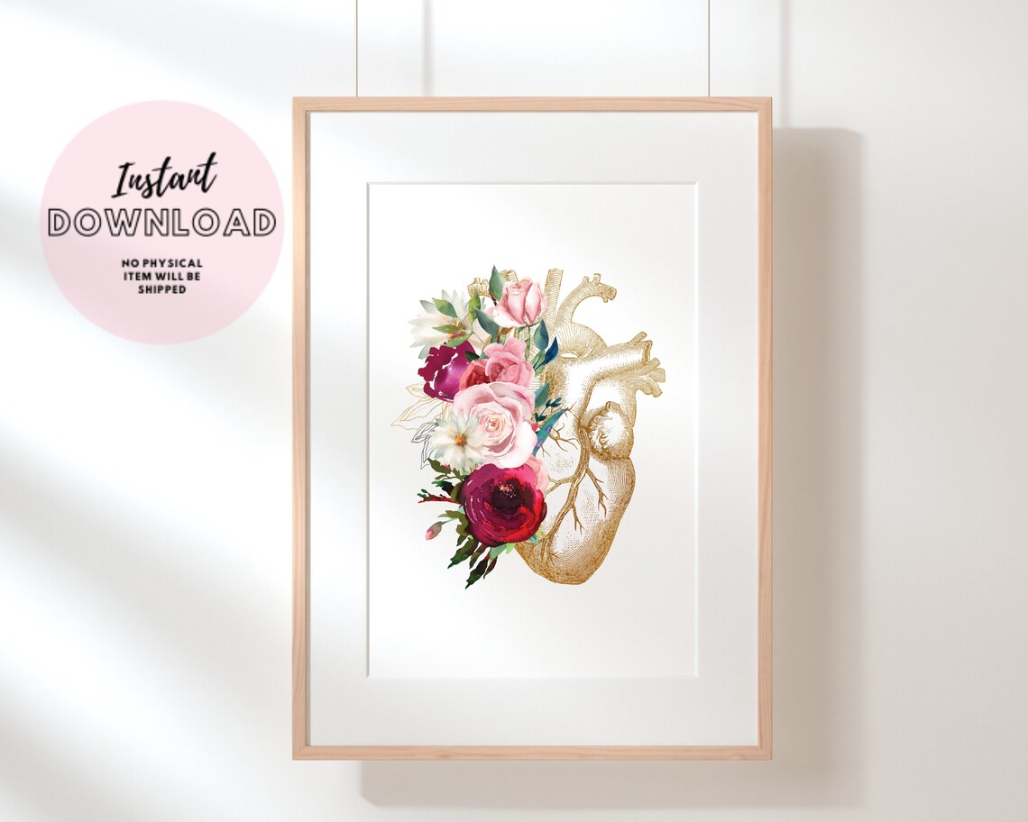 Cardiologist Office Decor Set of 3 Prints Floral Heart Anatomy Doctor ...