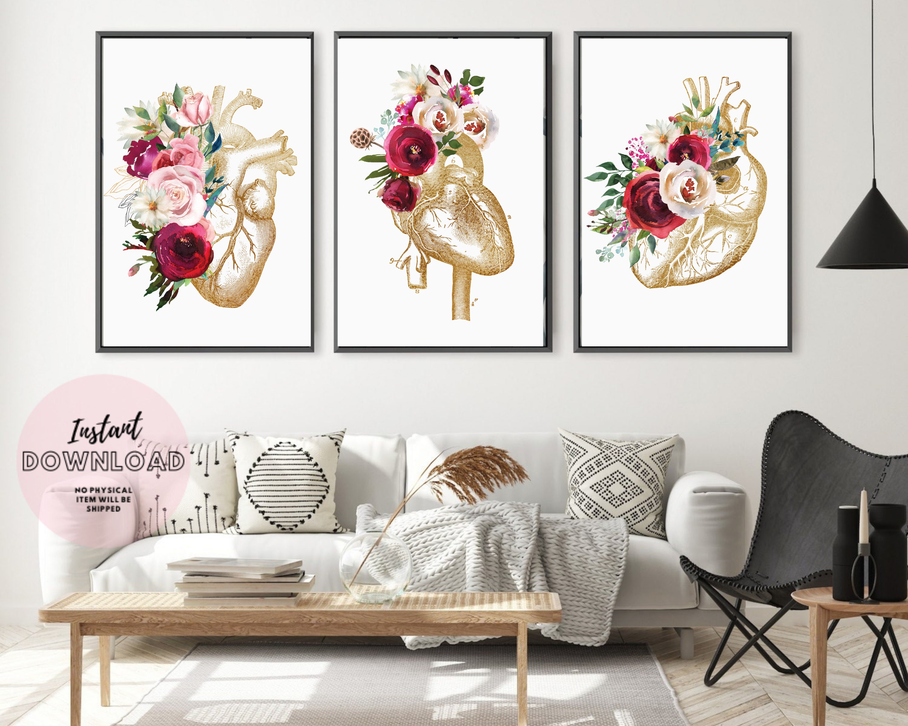 Cardiologist Office Decor Set of 3 Prints Floral Heart Anatomy Doctor ...