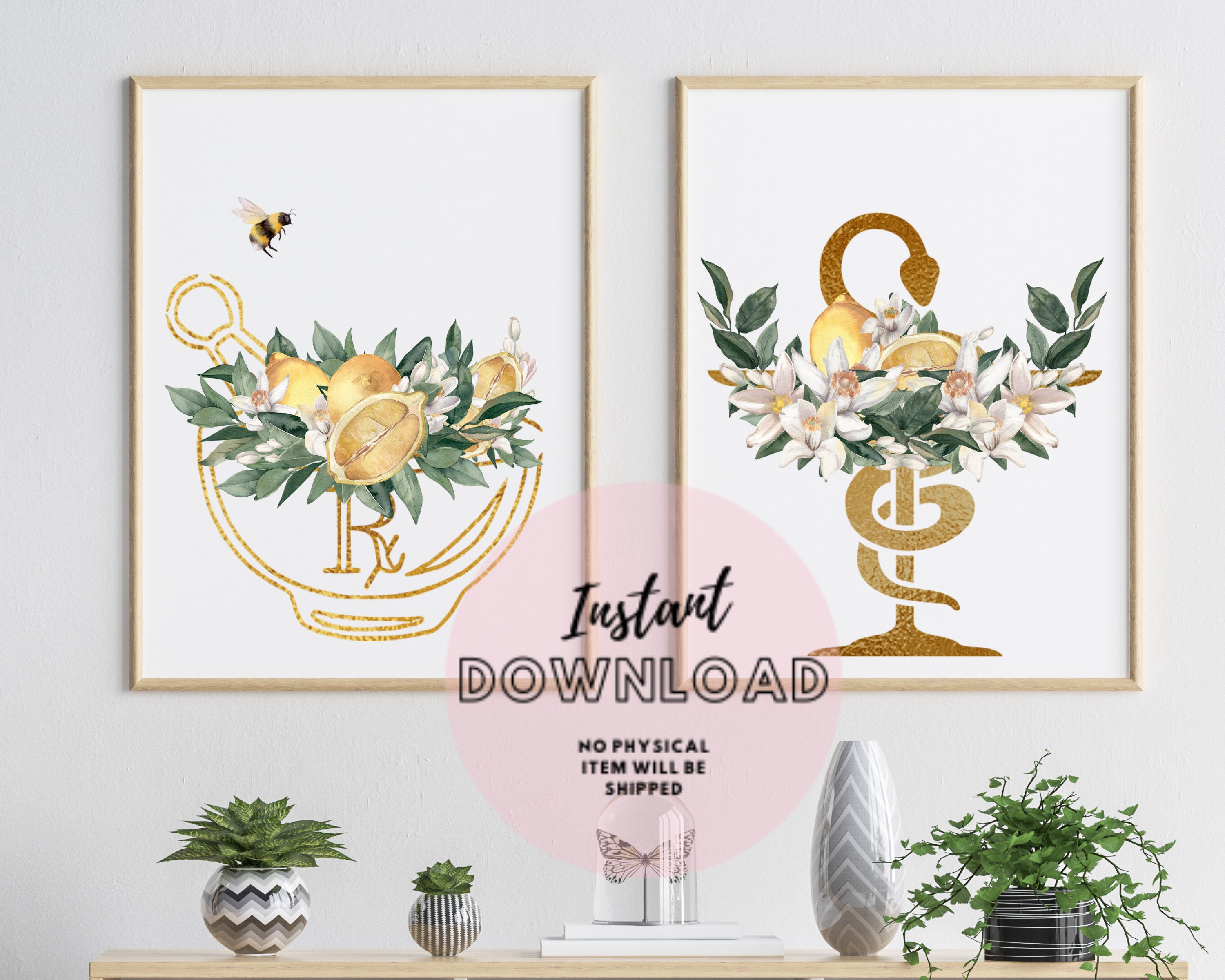 Pharmacy Store Decor Set of 2 Prints Citrus Branch Bowl of Hygeia ...