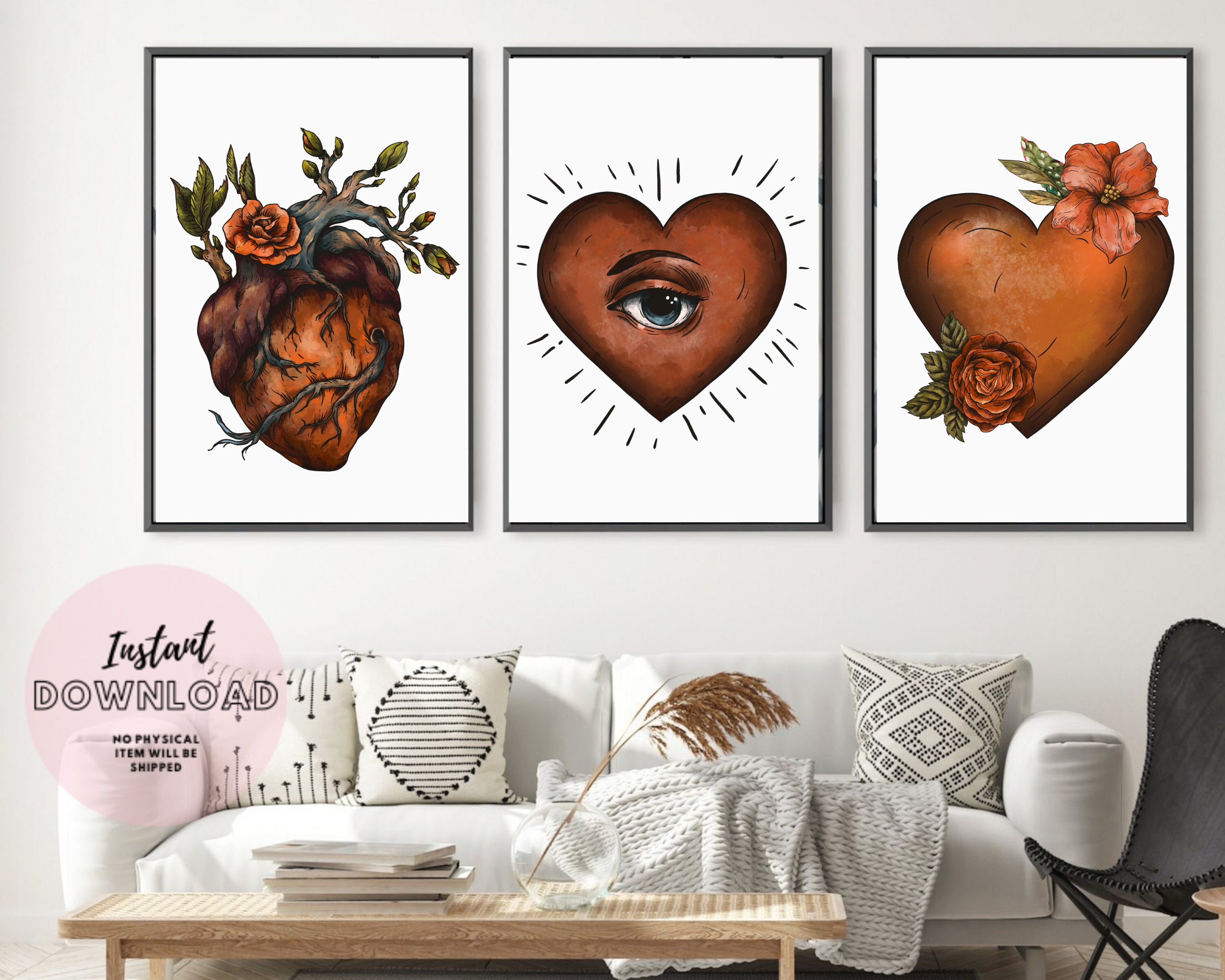 Set of 3 Prints Gallery Wall Art Floral Anatomical Heart Eye Poster ...