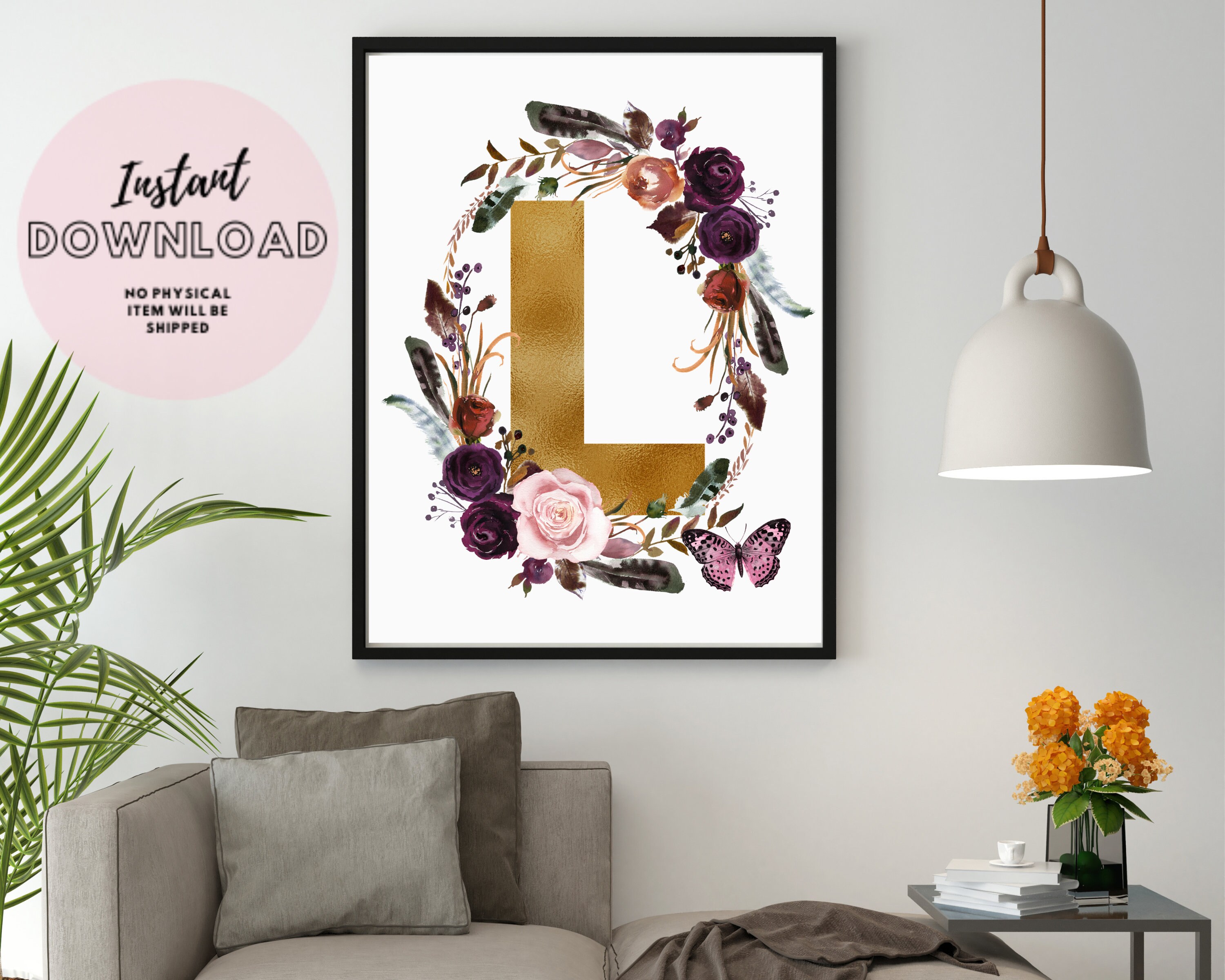 Initial Wall Art Flower Letter L Gold Nursery Print Sign Poster ...