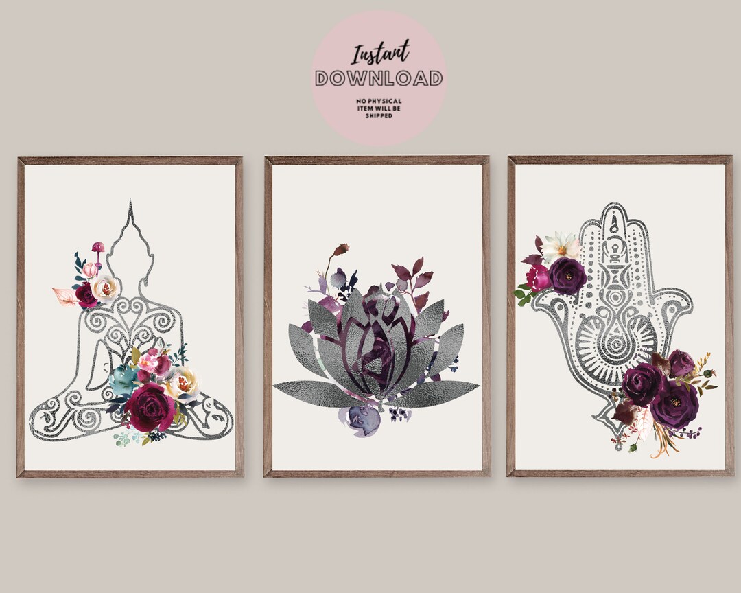 Set of 3 Prints Buddha Meditating Spiritual Decor Wall Art Hamsa Hand ...