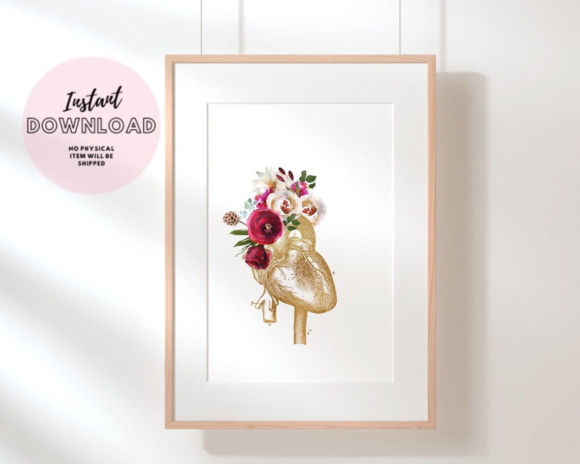 Cardiologist Office Decor Set of 3 Prints Floral Heart Anatomy Doctor ...