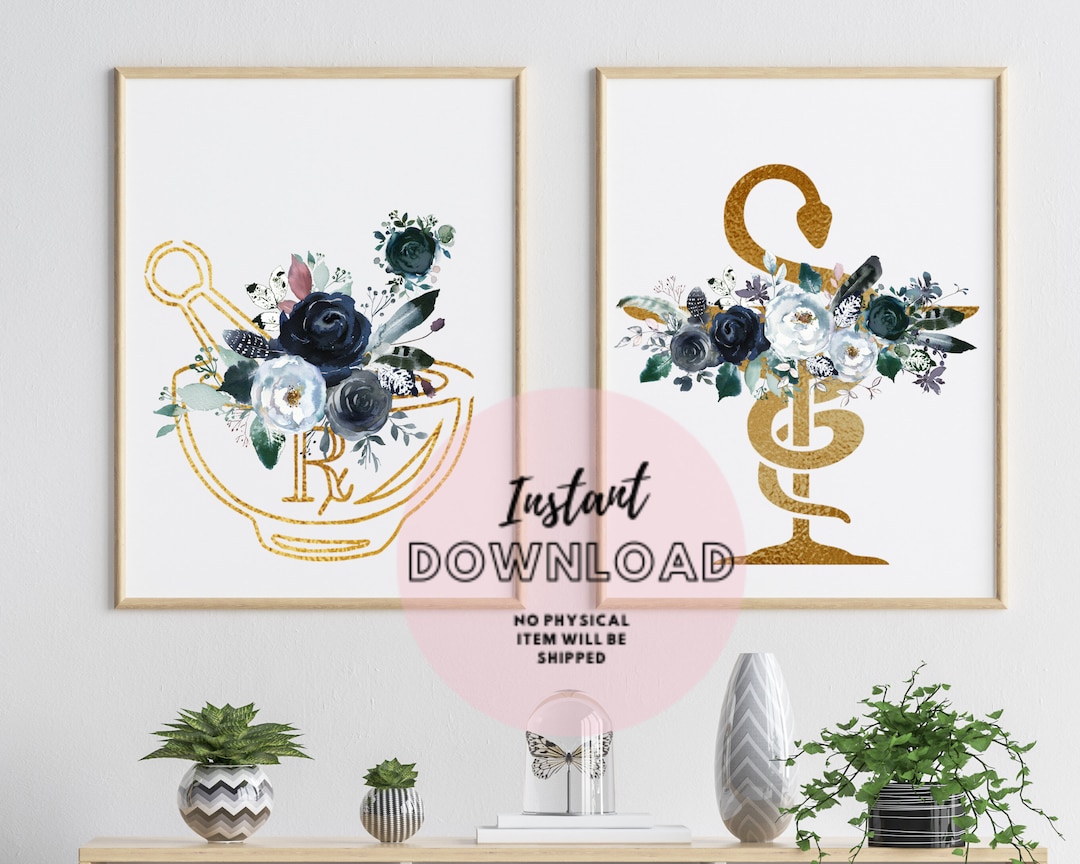 Pharmacy Store Decor Set of 2 Prints Blue Roses Bowl of Hygeia ...