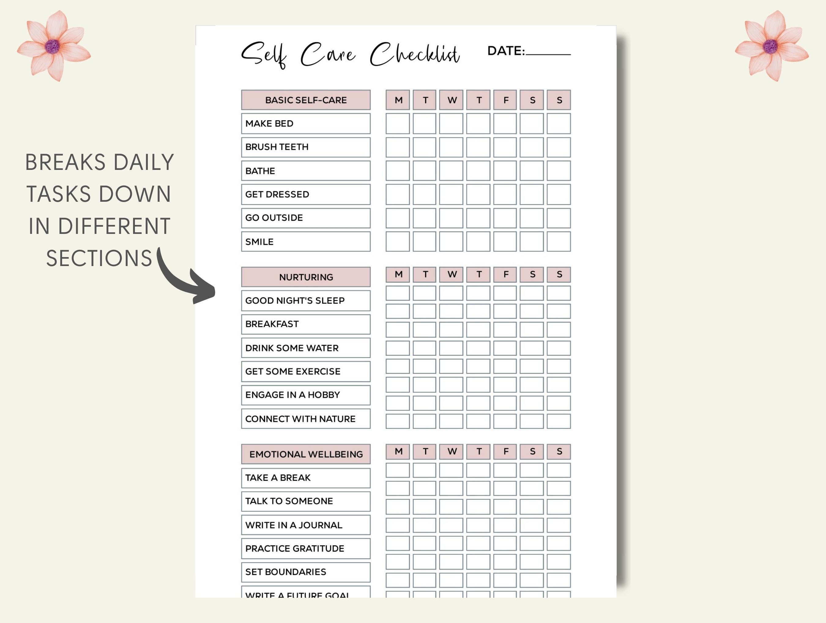 Self-care Checklist, Daily Tracker, Printable, Digital, Wellbeing - Etsy