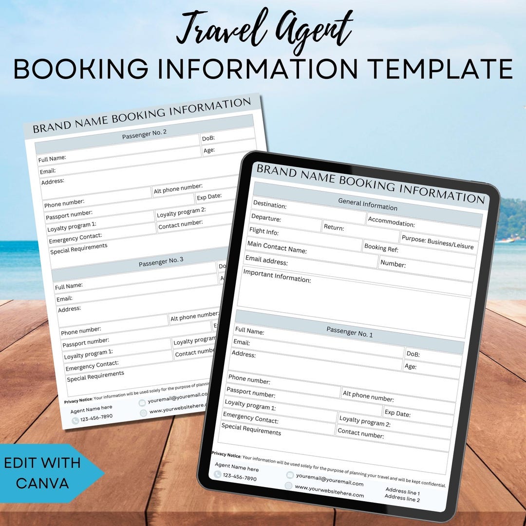 Travel Agent Forms, Booking Information Templates, Travel Client Intake ...