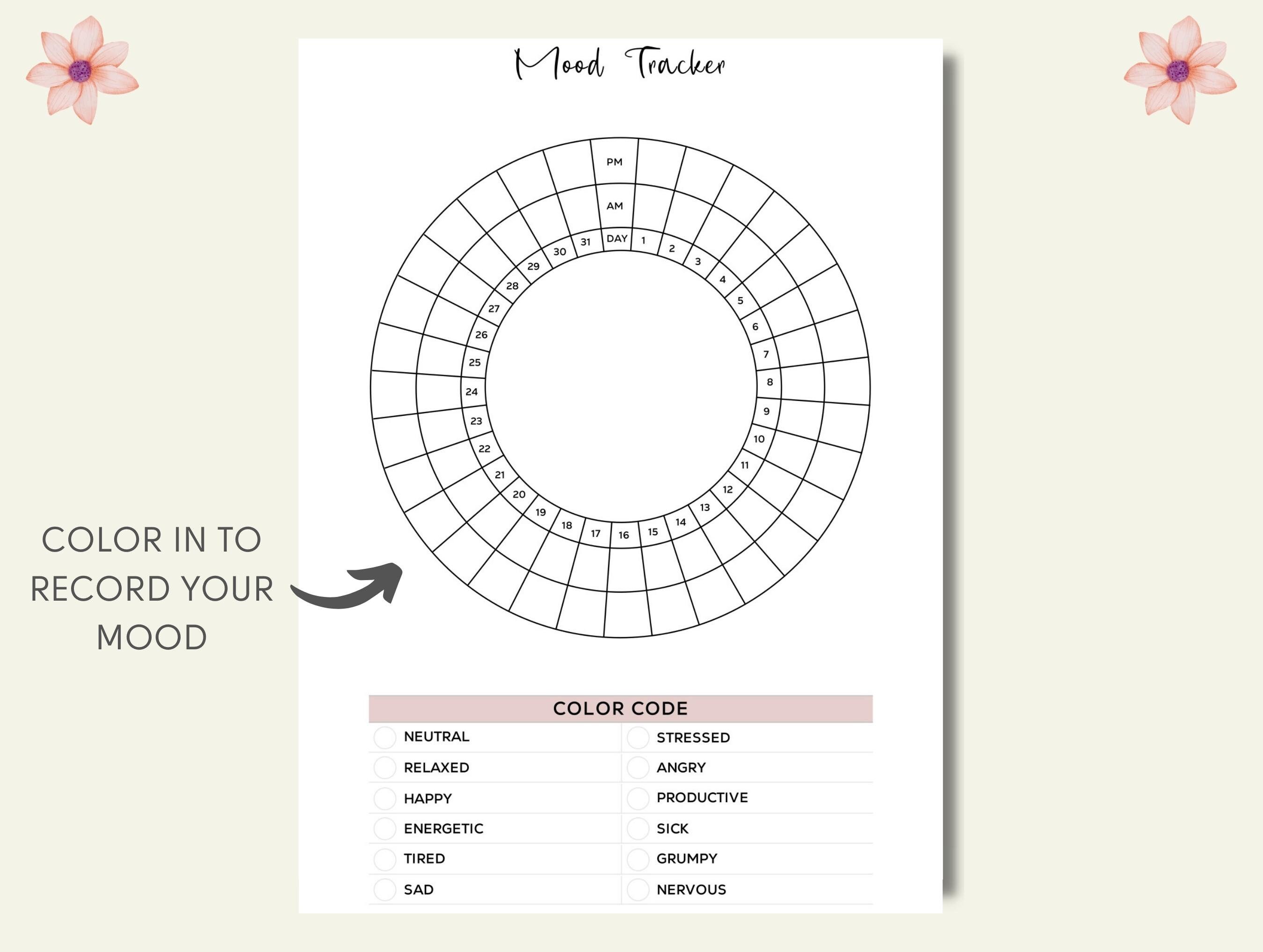 Monthly Mood Tracker, Color Coded Circle Design, Am/pm, A5, A4, US ...