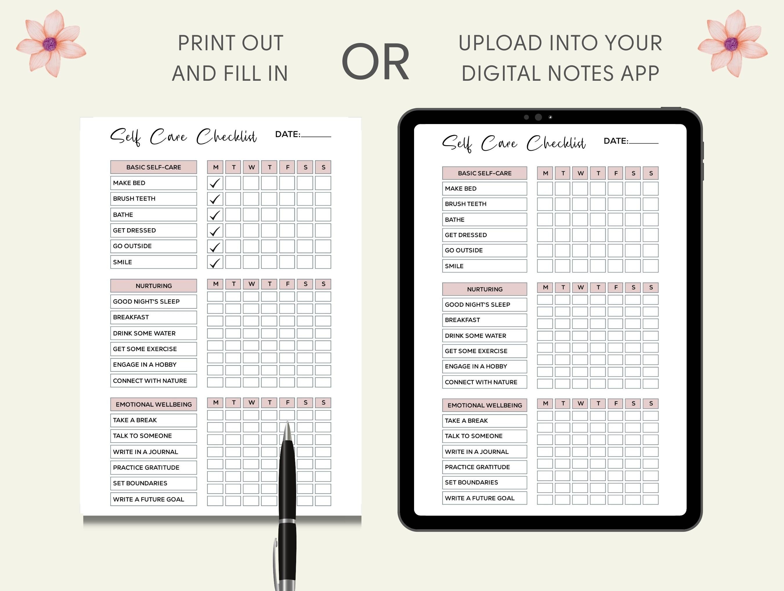 Self-care Checklist, Daily Tracker, Printable, Digital, Wellbeing - Etsy
