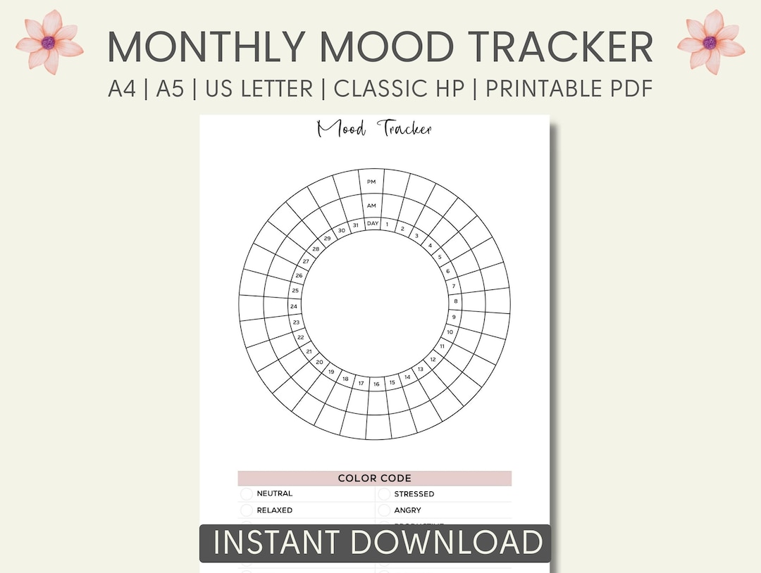 Monthly Mood Tracker, Color Coded Circle Design, Am/pm, A5, A4, US ...