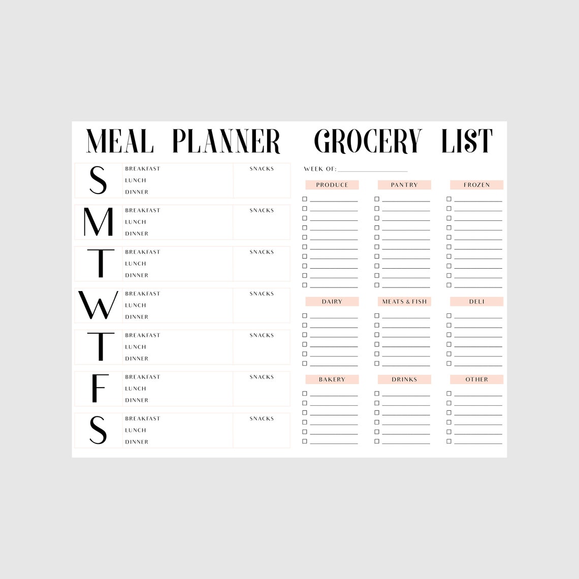 Weekly Meal Planner & Grocery List | Printable | Digital Download - Etsy