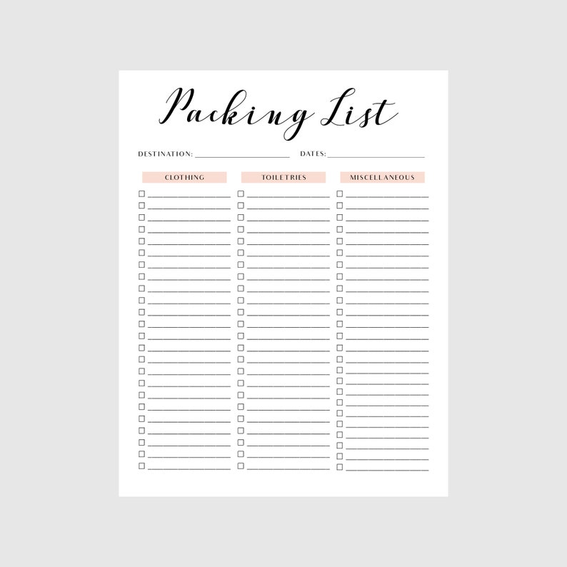 Packing List | Printable | Digital Download - Etsy