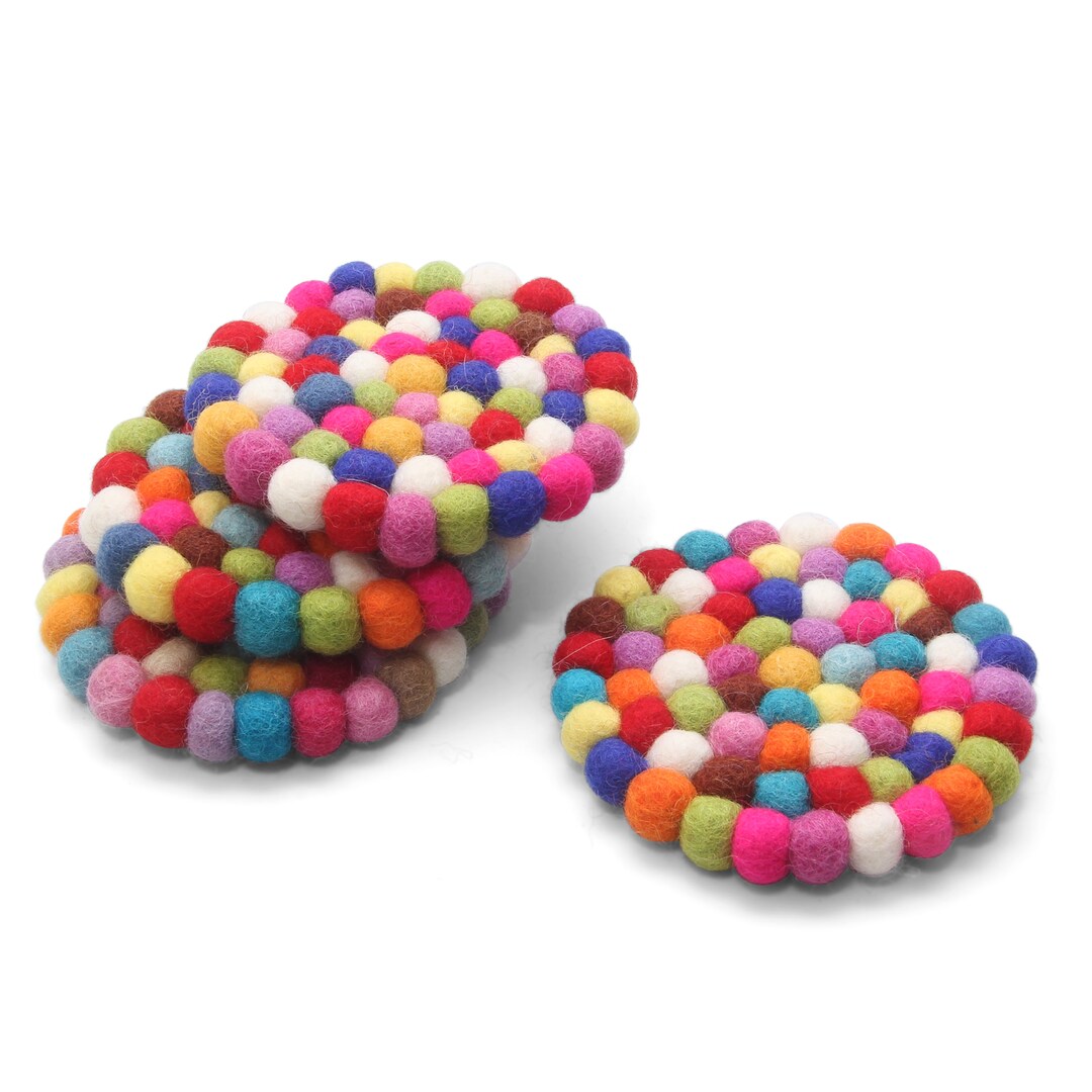 Rainbow Coasters Felt Coaster Set Felt Ball Coasters Wool Coasters ...