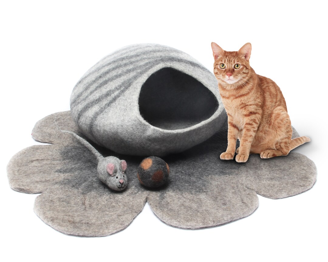 All Natural Wool Cat Cave-set-handmade Pet House With Two Toys and One ...