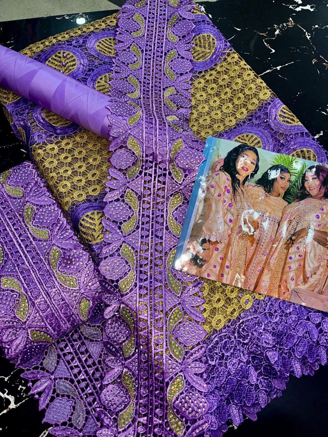 Luxury African Fabrics Set: BAZIN Riche, Guipure Lace, and Trimmings, 3 ...