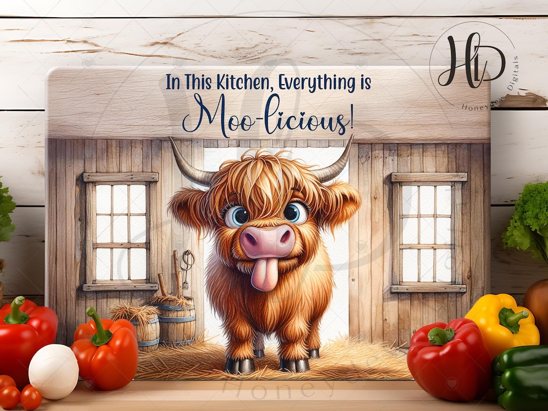 Highland Cow Cutting Board Sublimation Design: Moo-licious Kitchen ...