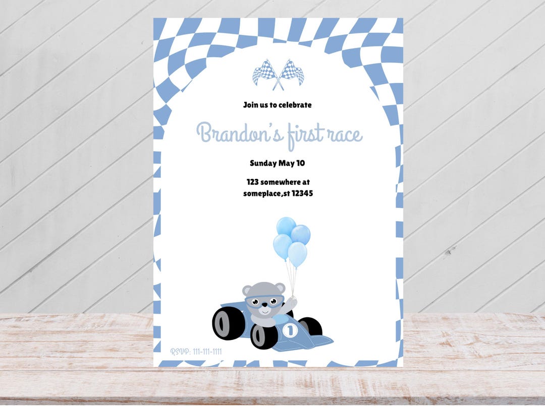 Race Car Teddy Bear First Birthday Invitation (digital) - Etsy