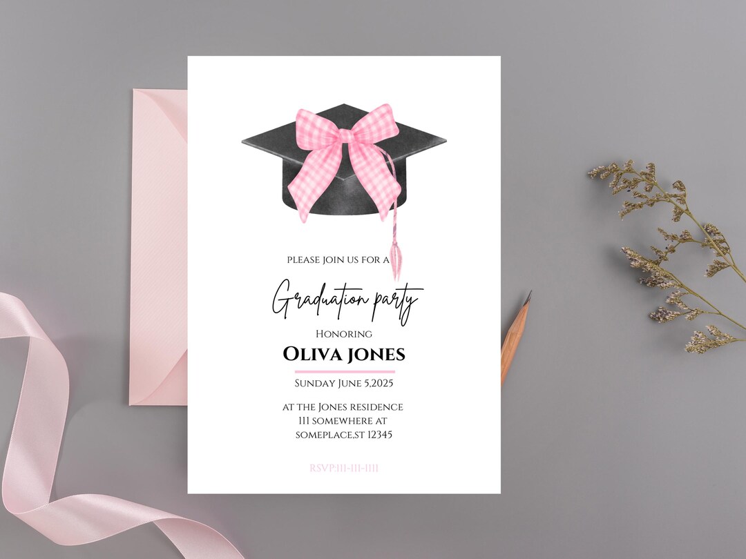 Bow Graduation Invitation, Pink Bow Hat Graduation Invitation,digital ...