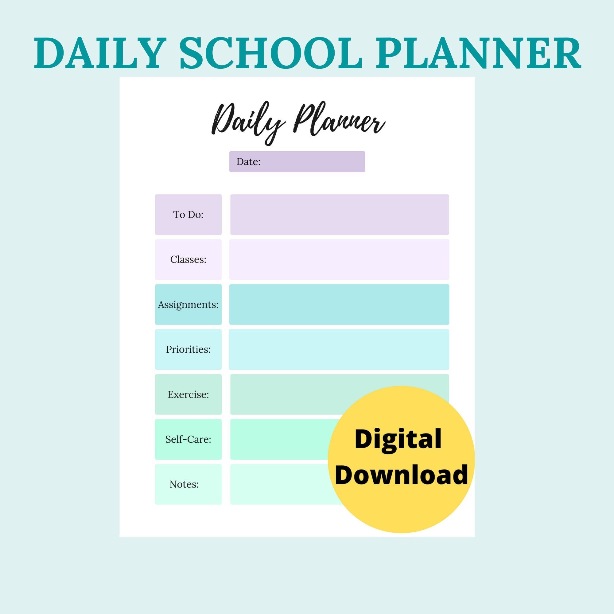 Daily School Planner, College Planner, Printable Planner, Digital ...