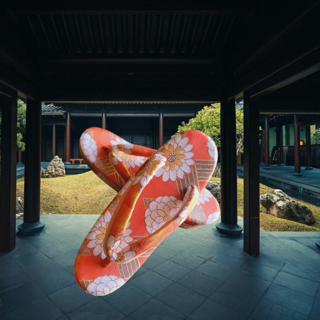 Vintage Japanese Zori Geisha Sandals Floral Orange Gold See ...