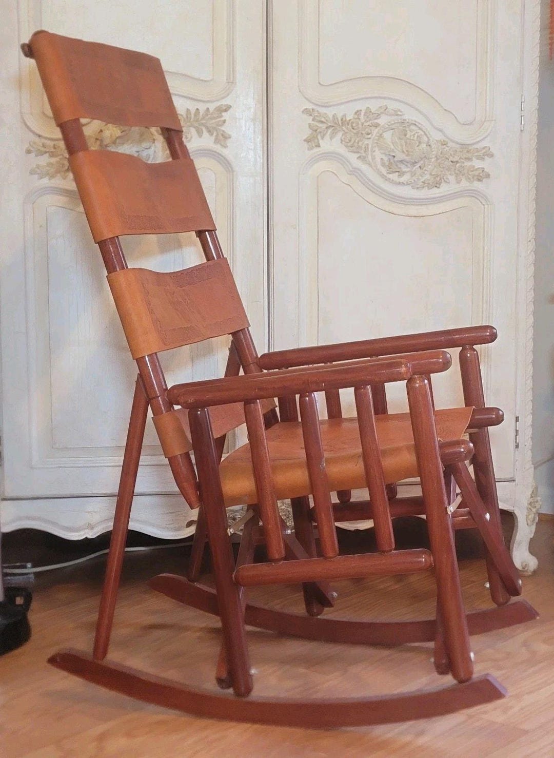 Vintage Costa Rican Campaign Rocking Chair Leather Mahogany Foldable - Etsy