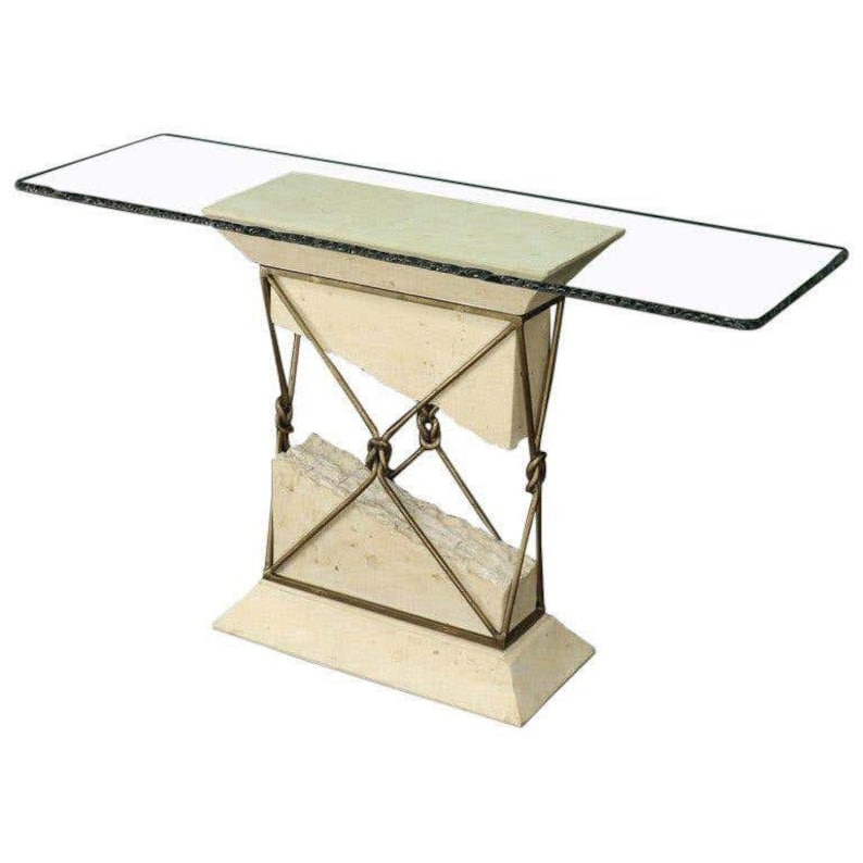 Travertine Stone Wrought Iron Suspended Top Scalloped Glass Console ...