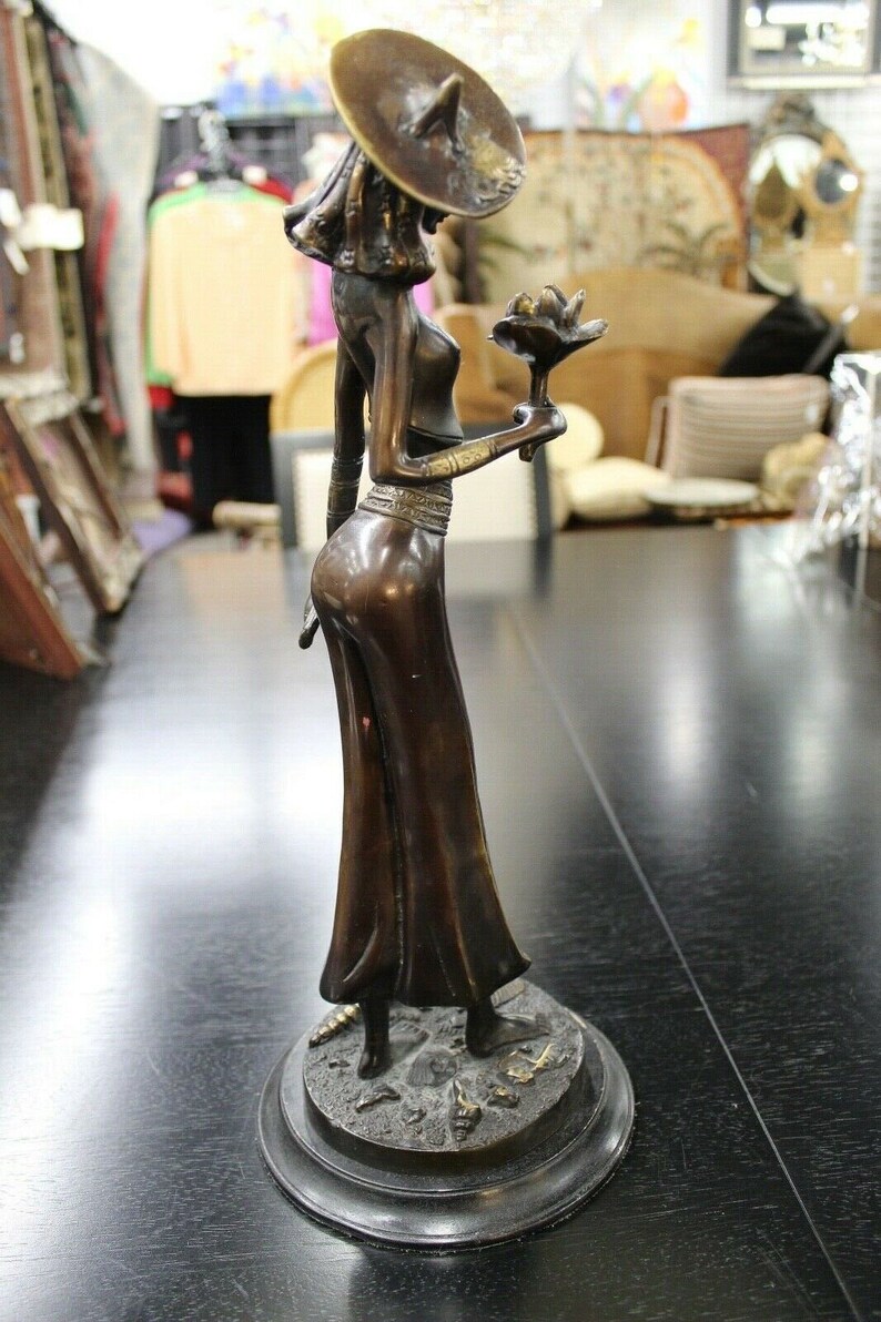 Vintage Bronze Sculpture Sinuous Woman Holding Flowers 1970's Hippie ...