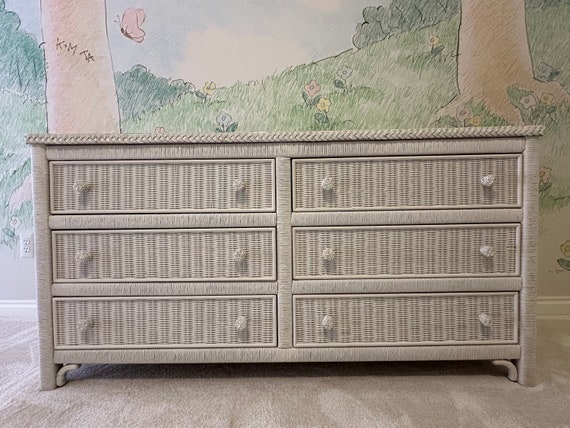 1986 Henry Link Vintage White Wicker Six 6 Drawer Double Dresser With Glass Top Etsy