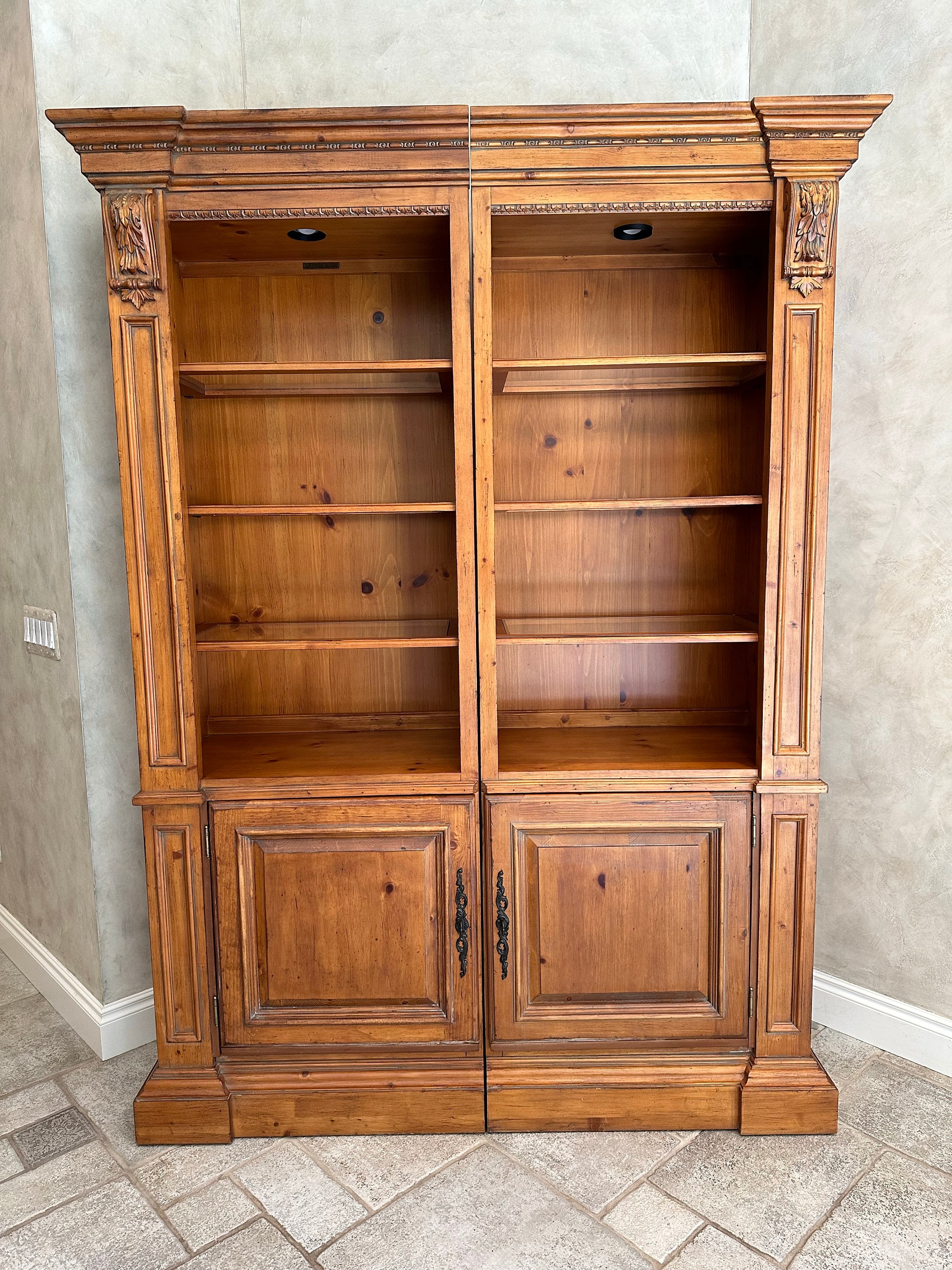 Ethan Allen Two-piece Carved Pine With Glass Shelves Display/bookcase ...