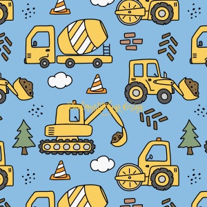 Construction Seamless Pattern, Digger Tractor Builder Fabric Design, Unisex Building Digital ...