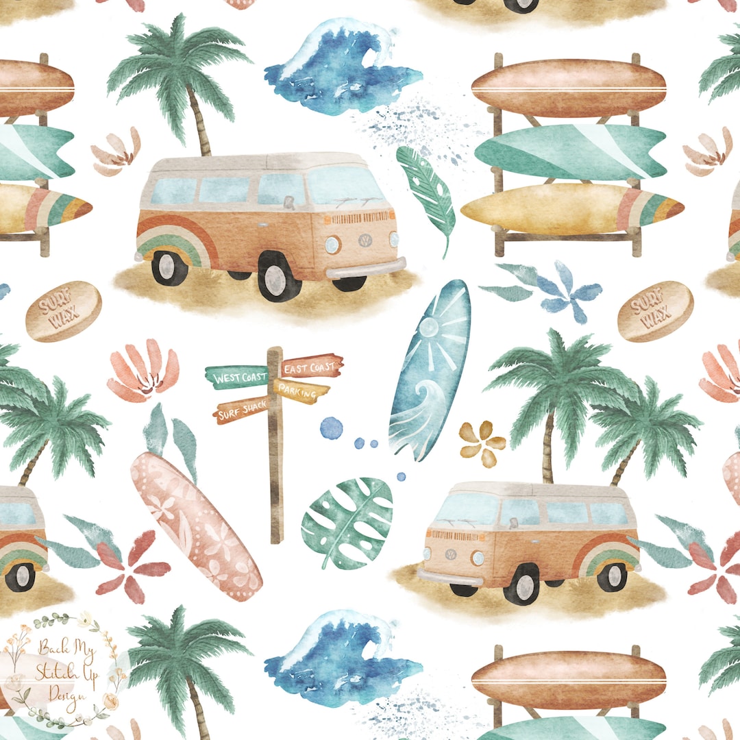 Surfing Seamless Pattern, Summer Beach Seamless File, Boho Beach Fabric ...