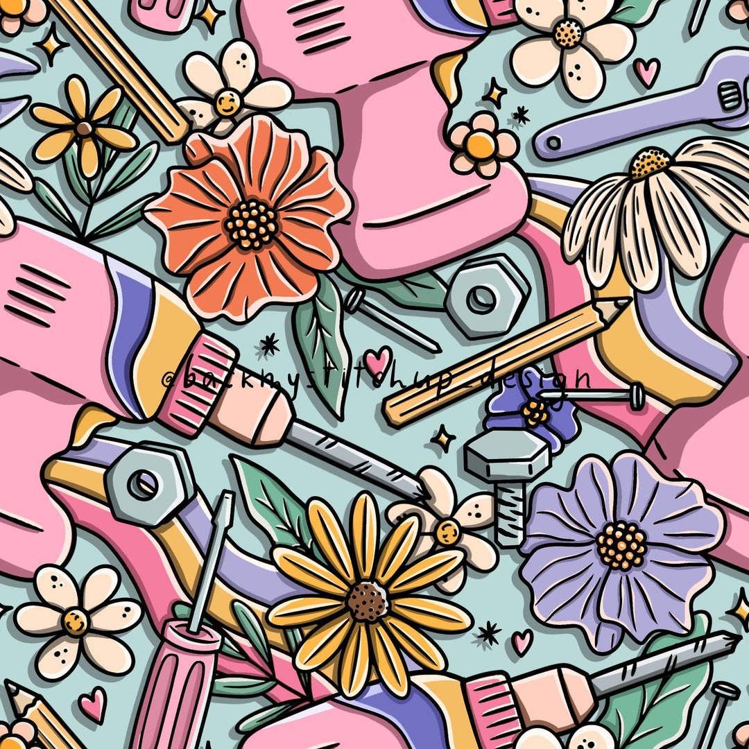 Girls Toolkit Seamless Patterns, Girly Tools Seamless Design, Pink ...