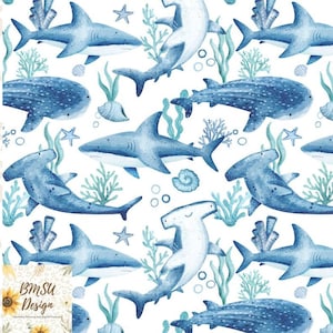 Shark Seamless Pattern, Boy's Sea Life Ocean Fabric Design, Whale Shark ...