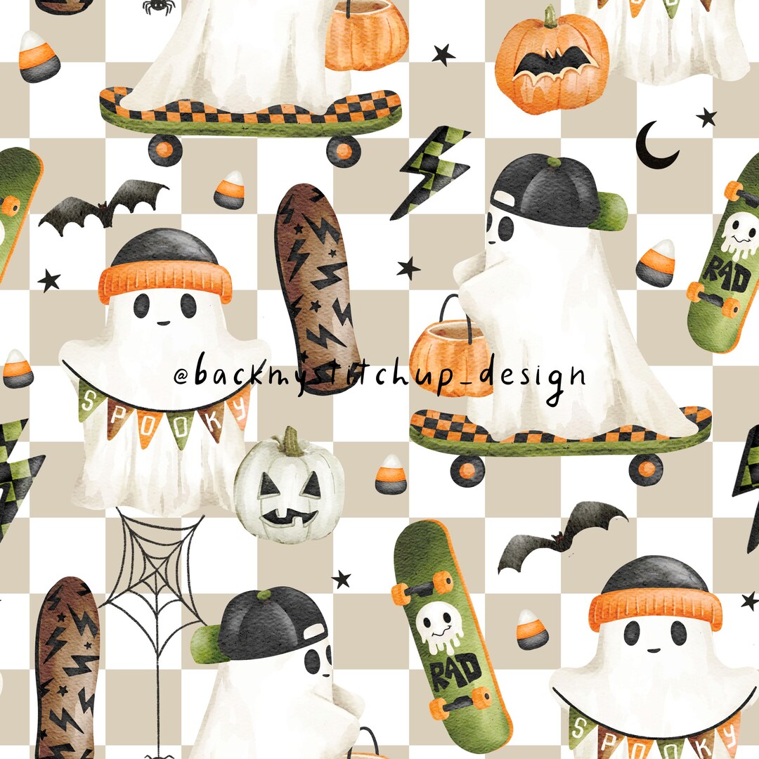 Halloween Skateboarding Ghosts Seamless Pattern on a Beige Check ...