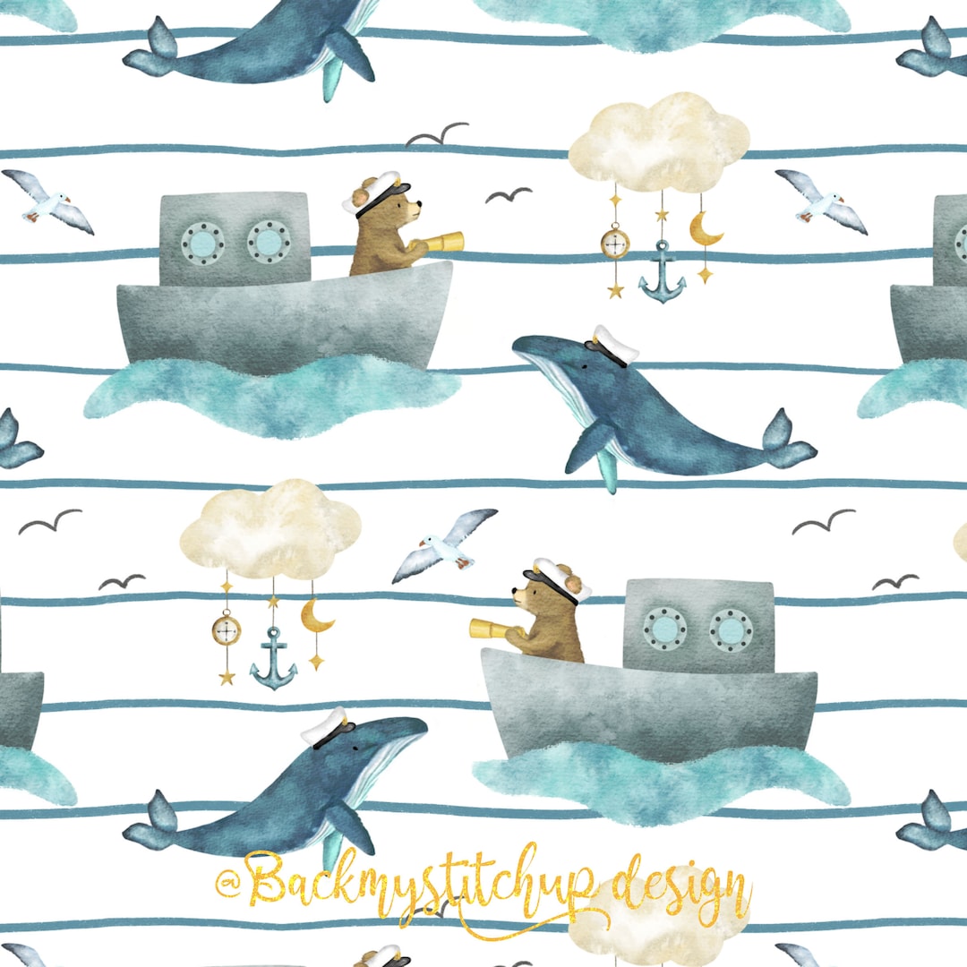 Royal Navy and Whale Fabric Design, Nautical, Military, Boat Seamless ...